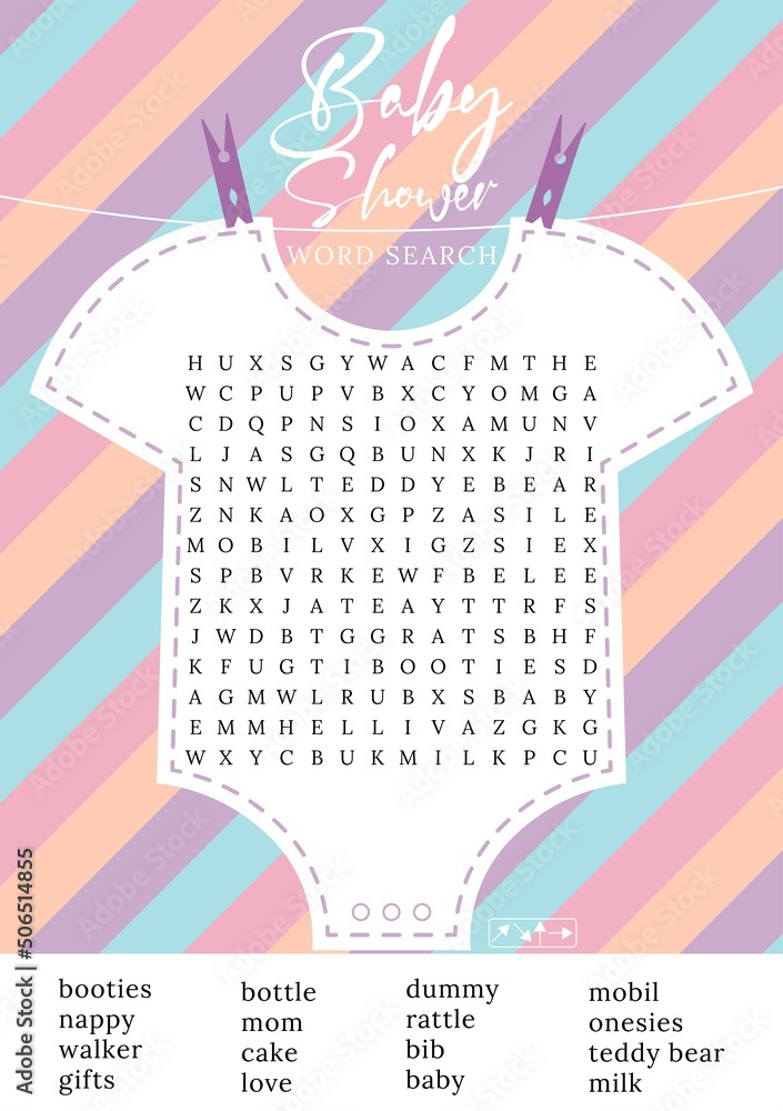 Baby shower word search puzzle game. Printable party card. Activities ...