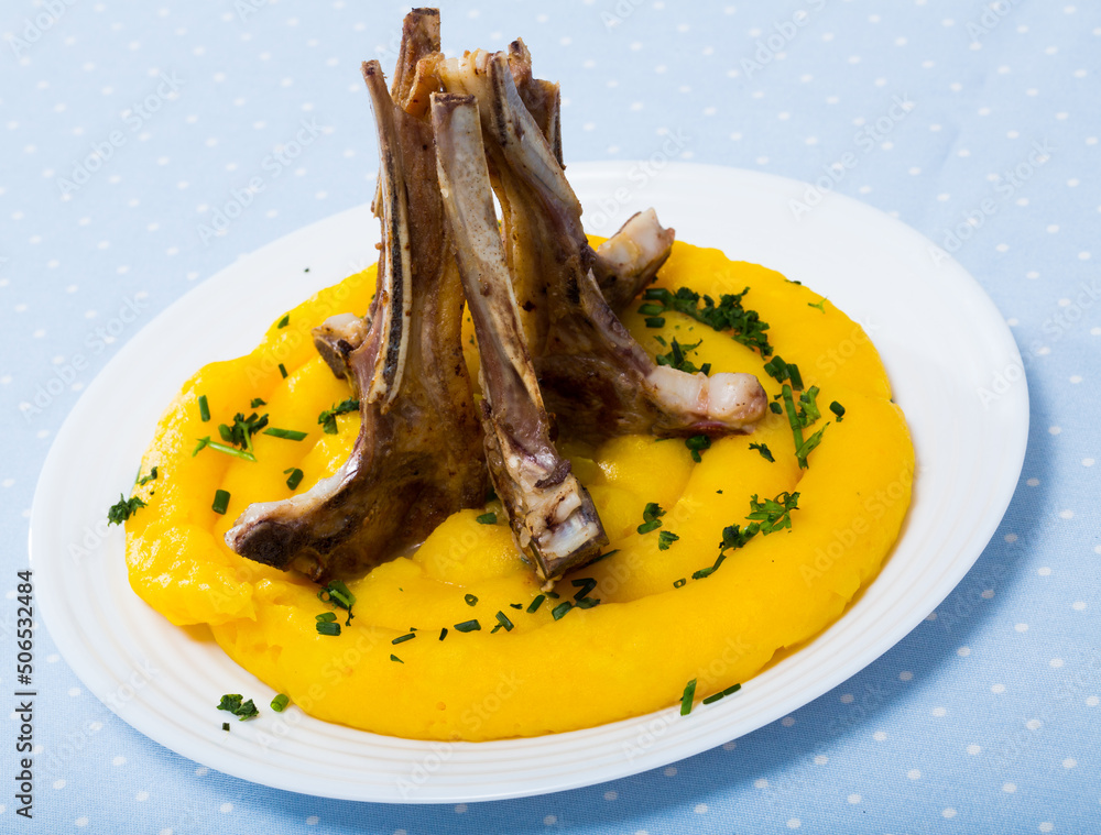 Traditional Norwegian Pinnekjott - stewed mutton meat on bone with ...