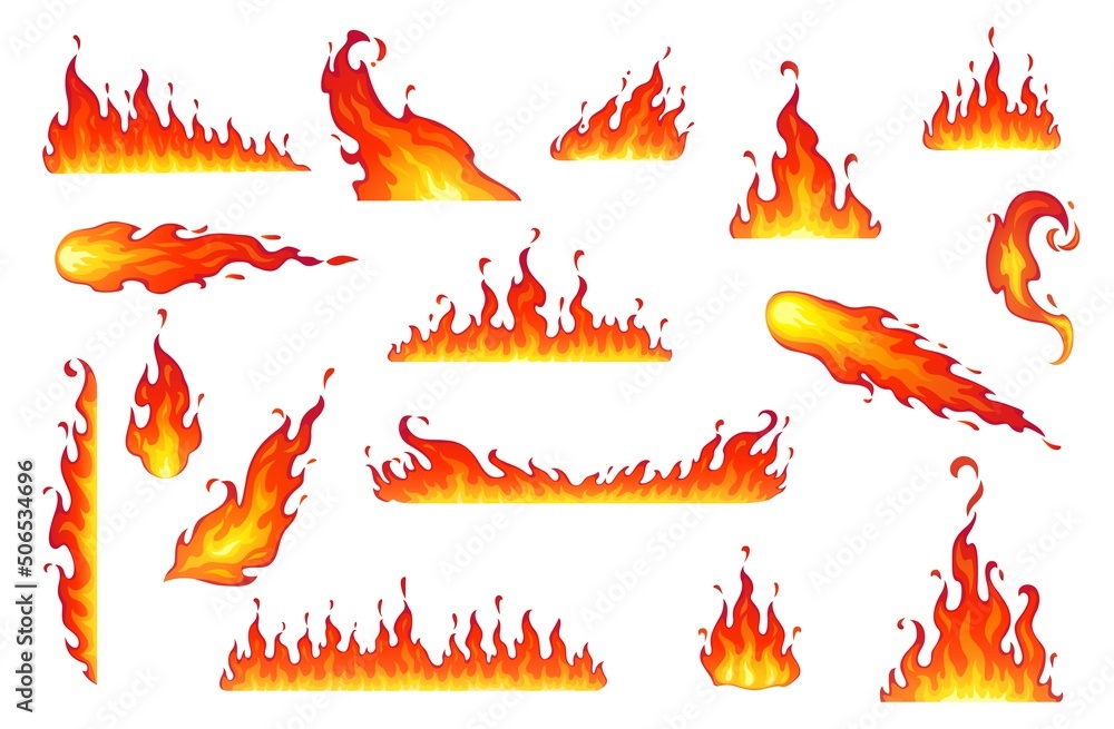 Cartoon isolated fire flames, bonfire. Vector campfire, comet, fireball ...