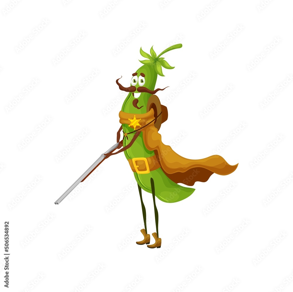 Cartoon green pea sheriff character, vector bean pod cowboy or ranger ...