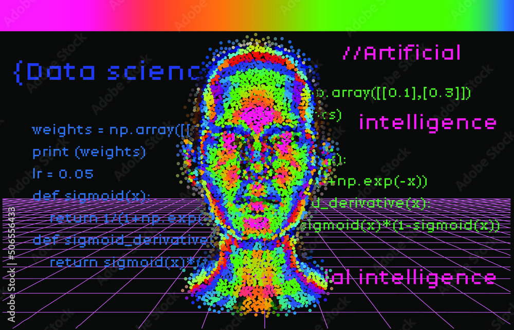 3D human head made of colorful particles on the dark background with ...