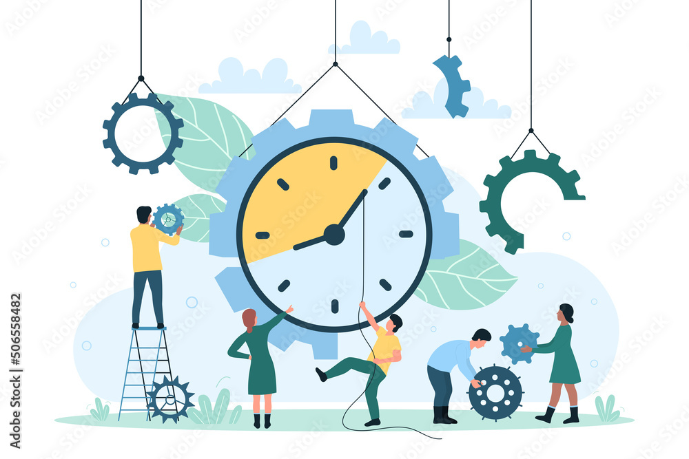 Time management and tiny group of office workers working with mechanism ...