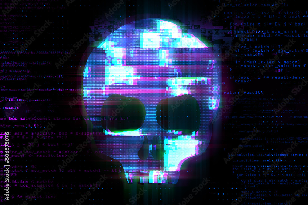 Human skull on glitched screen background. Computer virus, hacker or malware software, phishing ...