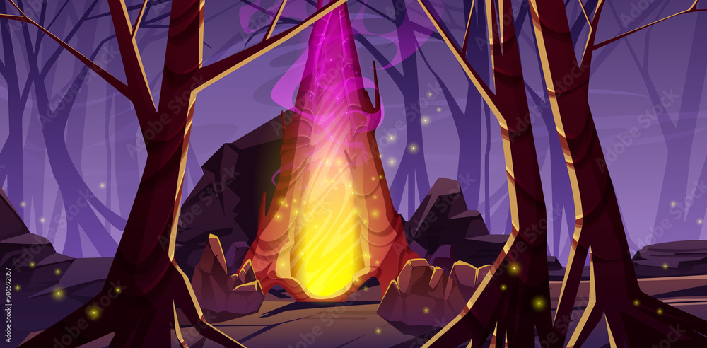 Vector de Stock Magic portal between tree trunks in deep dark forest. Vector cartoon fantasy ...