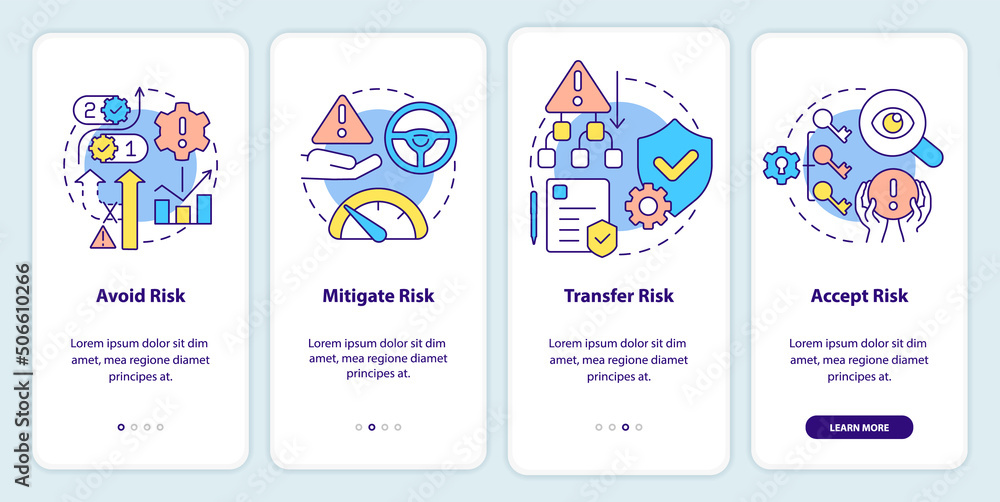 Risk management steps onboarding mobile app screen. Solving problems walkthrough 4 steps graphic ...