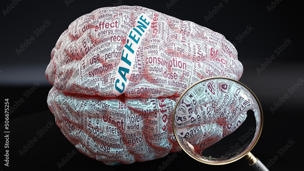 Caffeine in human brain, a concept showing hundreds of crucial words ...