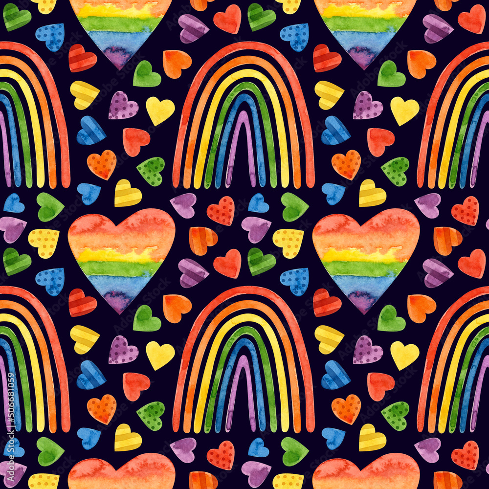 Seamless Pattern with Multicolored Rainbows and Hearts. Watercolor ...