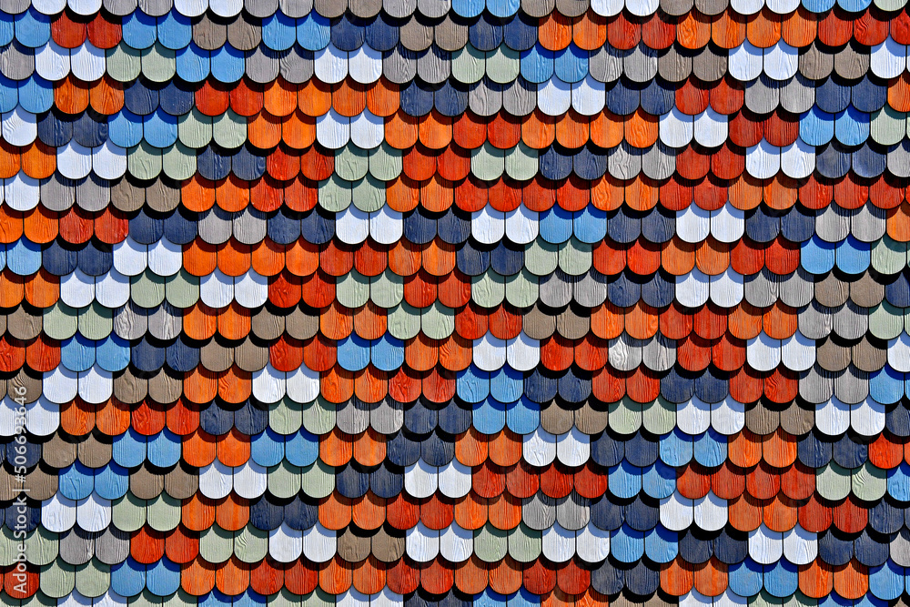 Colorful Scalloped, or “fish scale siding” adds splash of color to wall ...