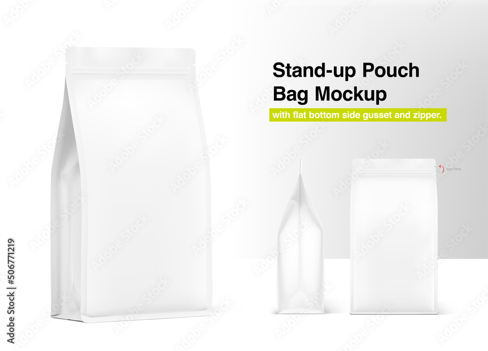 Stand-up pouch bag with flat bottom side gusseted and zipper. Realistic ...