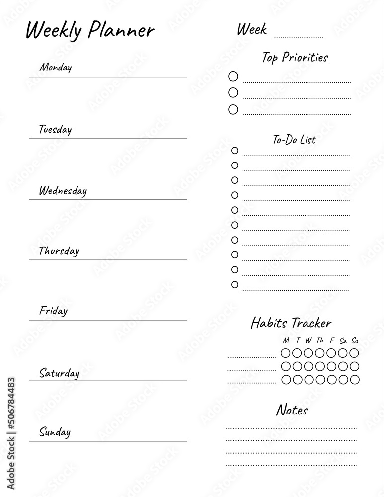 Weekly planner printable template Vector. Blank white notebook page ...