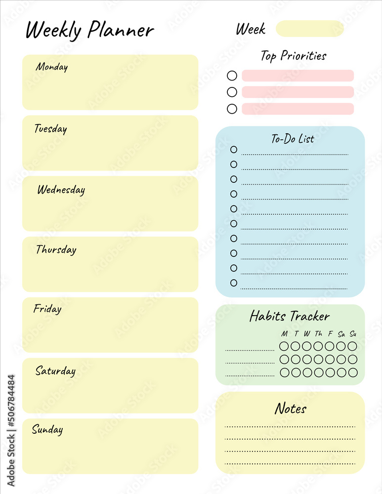 Weekly planner printable template Vector. Blank white notebook page ...