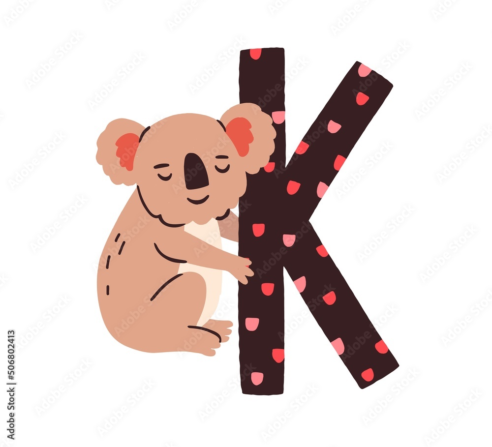 Baby koala bear hugging letter K of childish English alphabet in ...