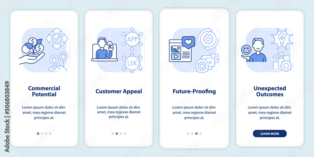 Digital first mindset importance light blue onboarding mobile app screen. Walkthrough 4 steps ...