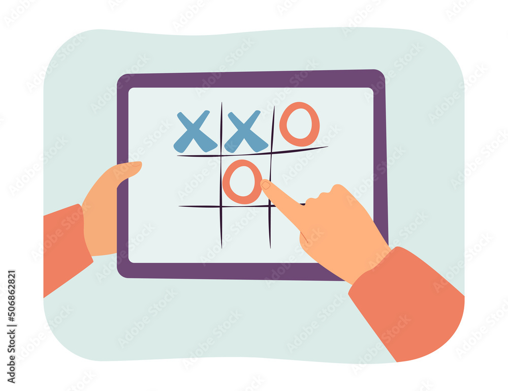 Gamer playing tic tac toe game on tablet. Finger of person drawing ...
