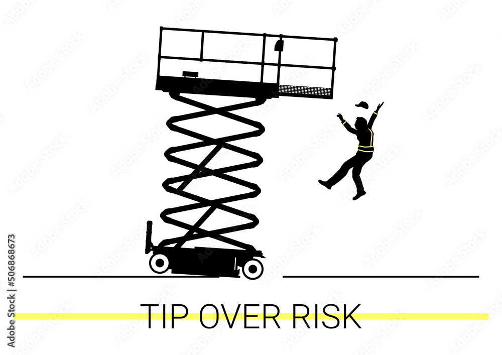 Tip-over risk. Scissor lift and elevated work platform safety. Vector ...