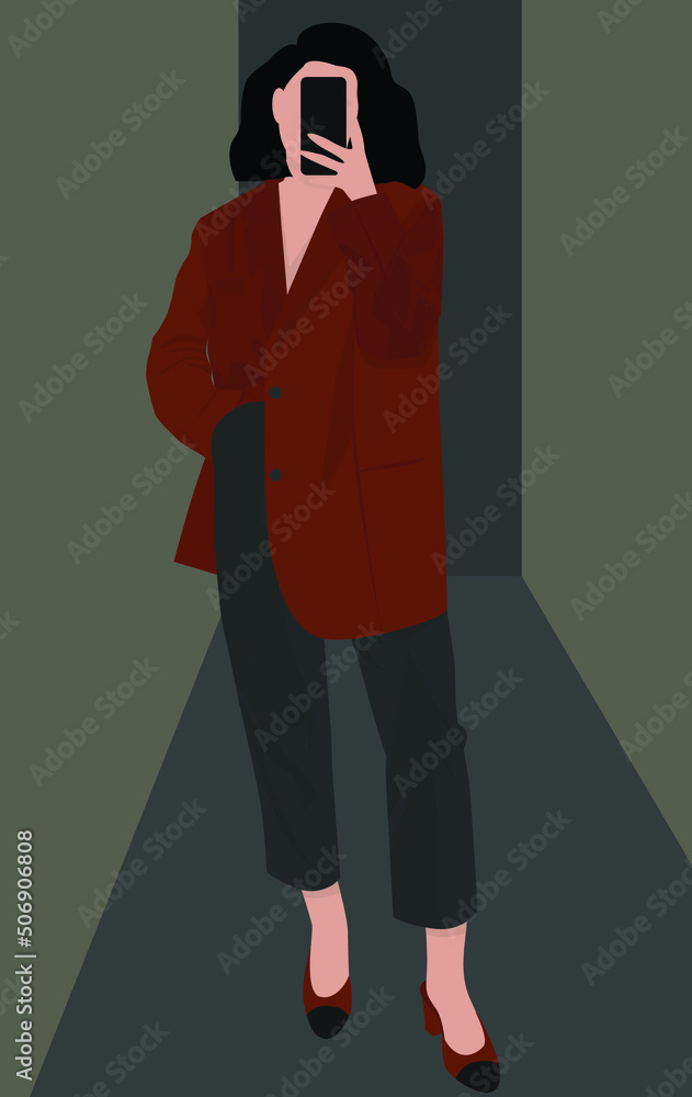 Attractive lady with phone and dark short hair. Vector flat image of a ...