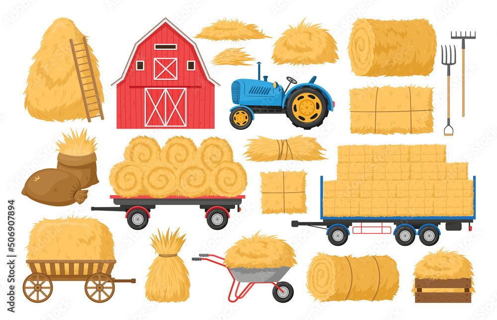 Cartoon haystack, agricultural hay heaps, hay in wheelbarrow and canvas ...