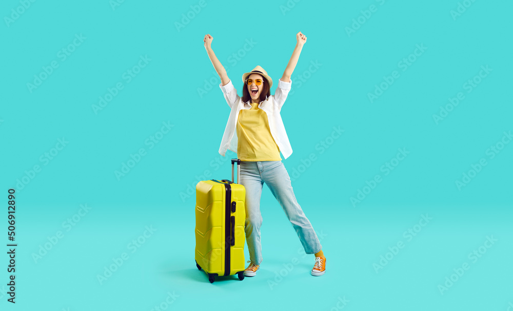 Crazy happy tourist woman enjoys open borders and now she can fly on ...