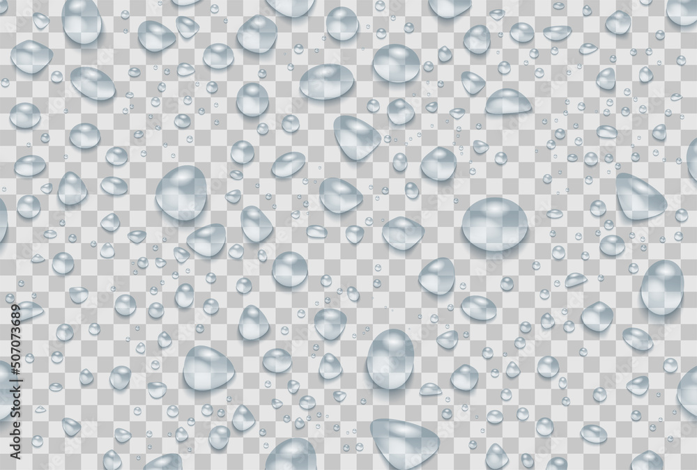 Different realistic transparent water drops, isolated on transparent ...