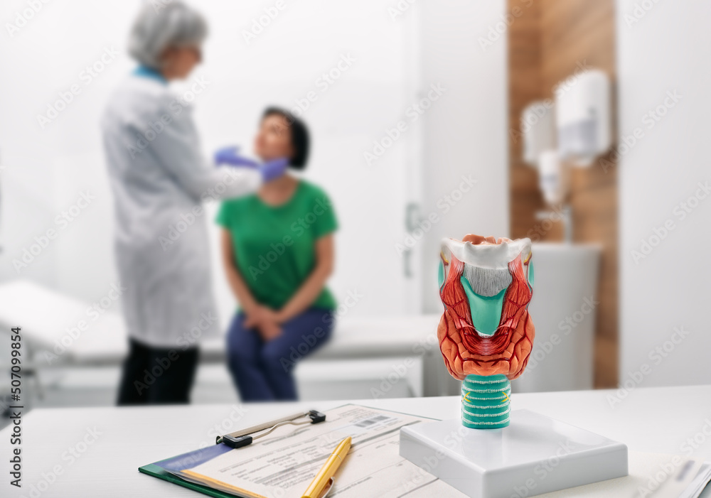 Doctor palpates of woman's neck for diagnostics of thyroid diseases ...
