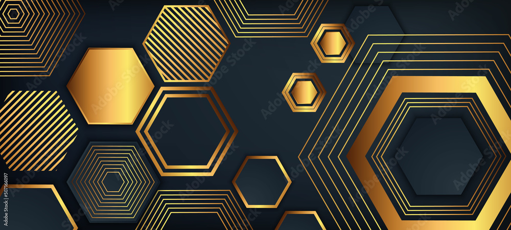 Luxury hexagonal abstract black metal background with golden light ...