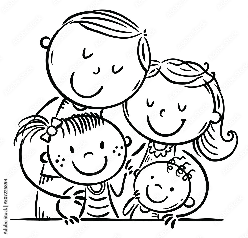 Hugging kids parents embrace their children, outline cartoon image ...