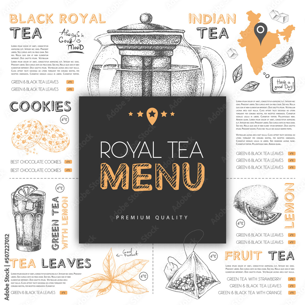 Restaurant royal tea menu design with hand drawing tea elements. Vector ...