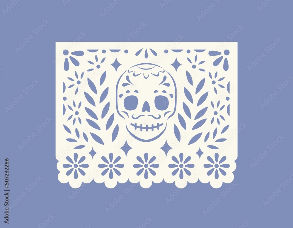 Mexican papel picado, perforated paper flag with cut pattern of skull ...