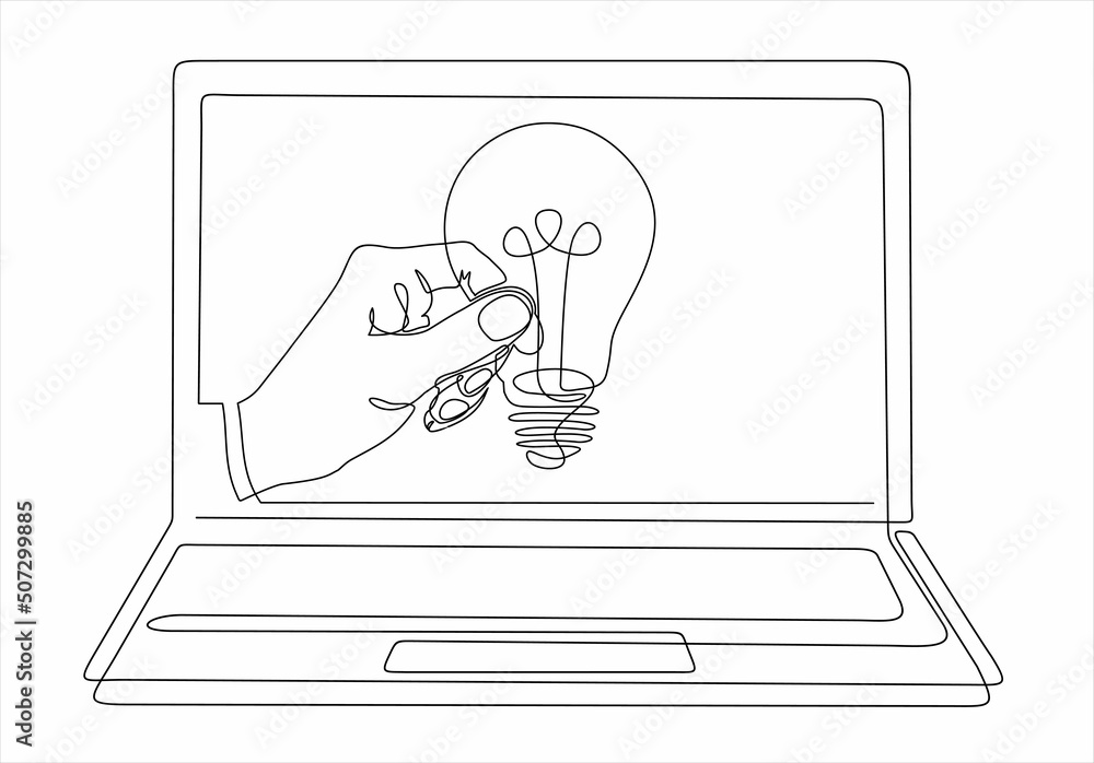 one line drawing of laptop computer with hand holding light bulb symbol ...