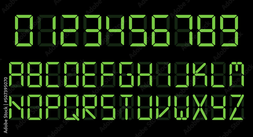 Green digital clock number set. Led digit alphabet. Flat vector ...