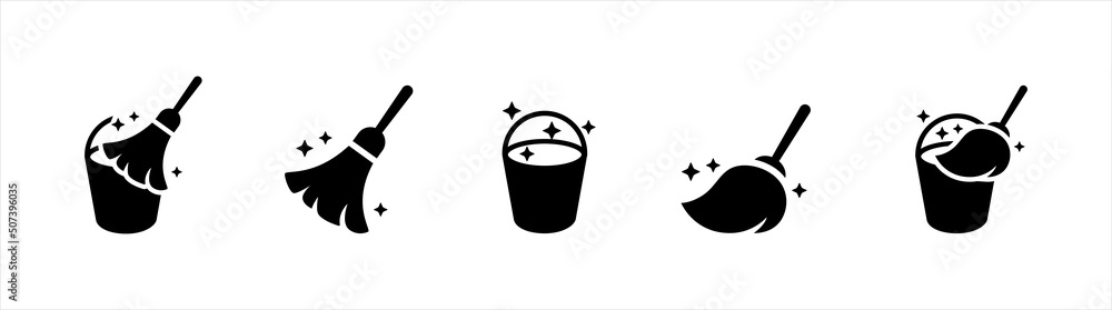 Floor mop icons. Mop And Bucket symbol. Cleaning service signs, vector ...