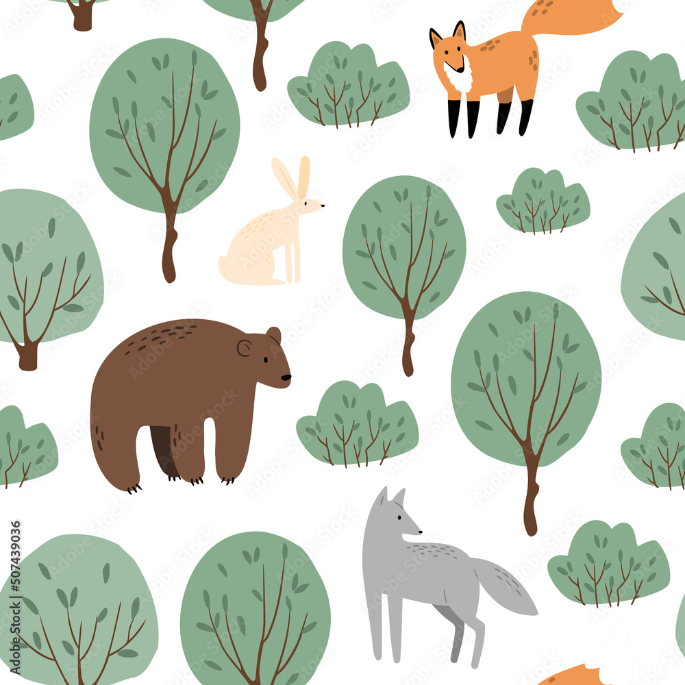 woodland animals seamless pattern, forest digital paper, vector cute ...
