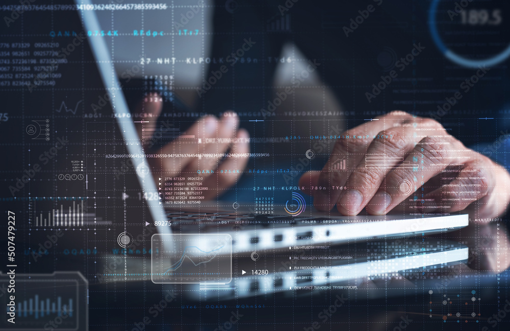 Data science, digital technology concept. Computer science engineer programming on laptop ...