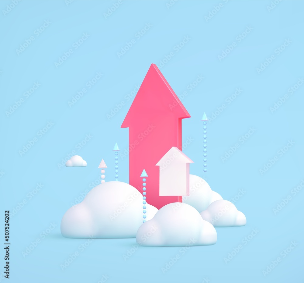 3d growth business icon with arrows and clouds on blue background ...