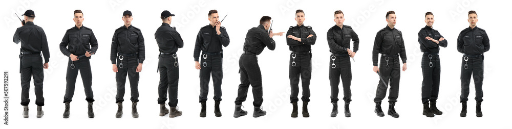 Collage of professional security guard on white background. Banner ...