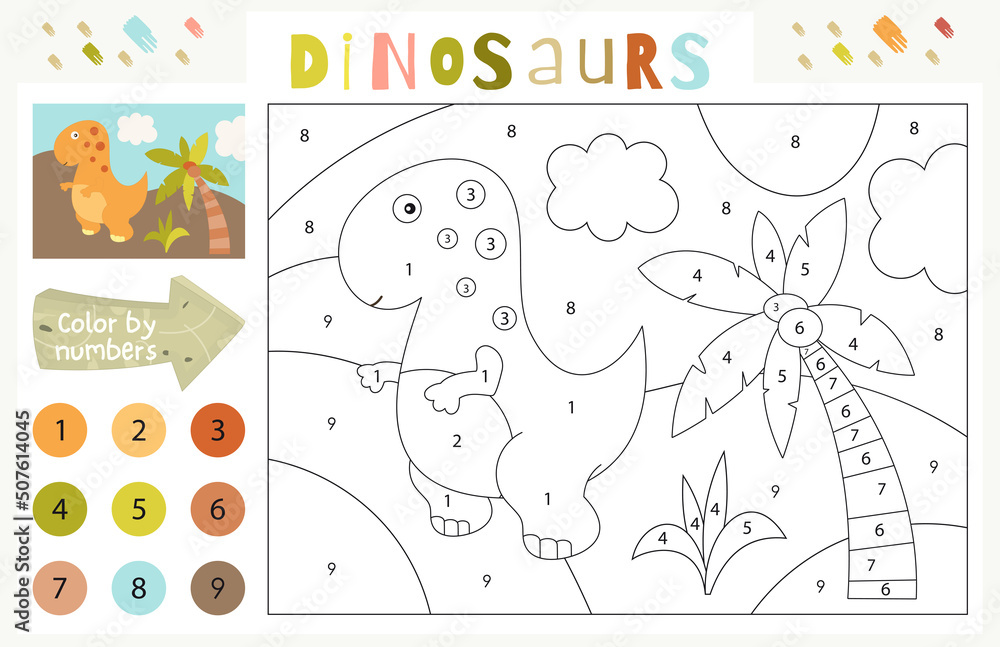 Dinosaurs activities for kids. Color by numbers – cute little dinosaur ...