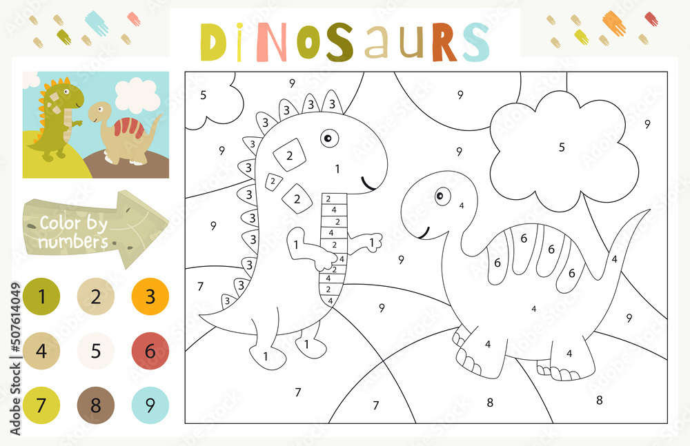 Vector de Stock Dinosaurs activities for kids. Color by numbers – cute ...