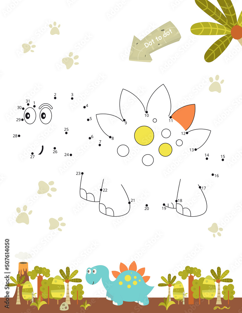 Dinosaurs activities for kids. Dot to dot game – cute dinosaur. Numbers ...