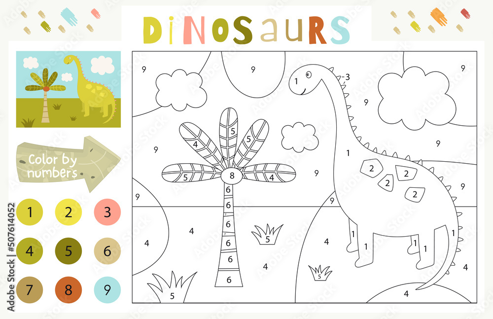 Dinosaurs activities for kids. Color by numbers – cute dinosaur and ...
