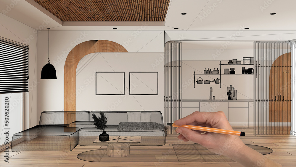 Empty white interior with parquet floor, hand drawing custom ...