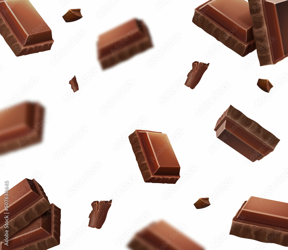 Vetor Chocolate pieces falling, blurred cocoa chunks . Defocusing milk ...