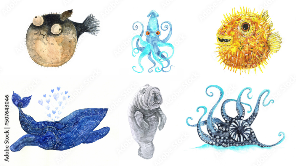 watercolor set of sea creatures, fish and mammals. Hand-drawn whales ...