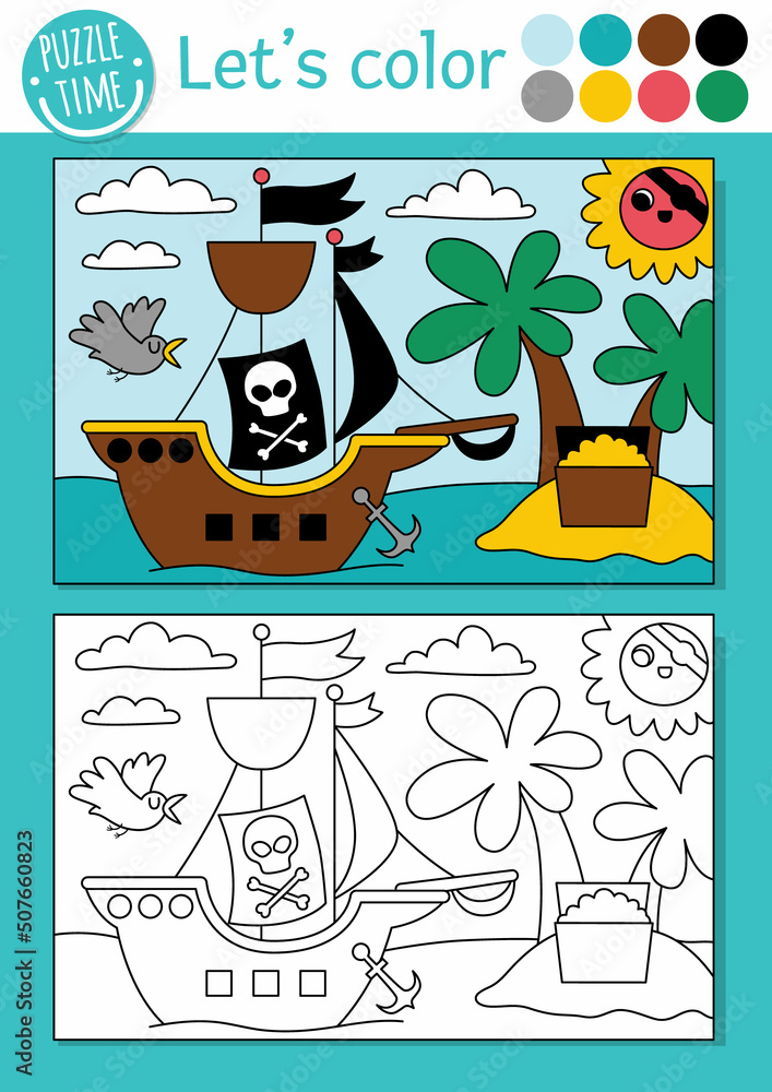 Pirate coloring page for children with palm trees, treasure chest ...