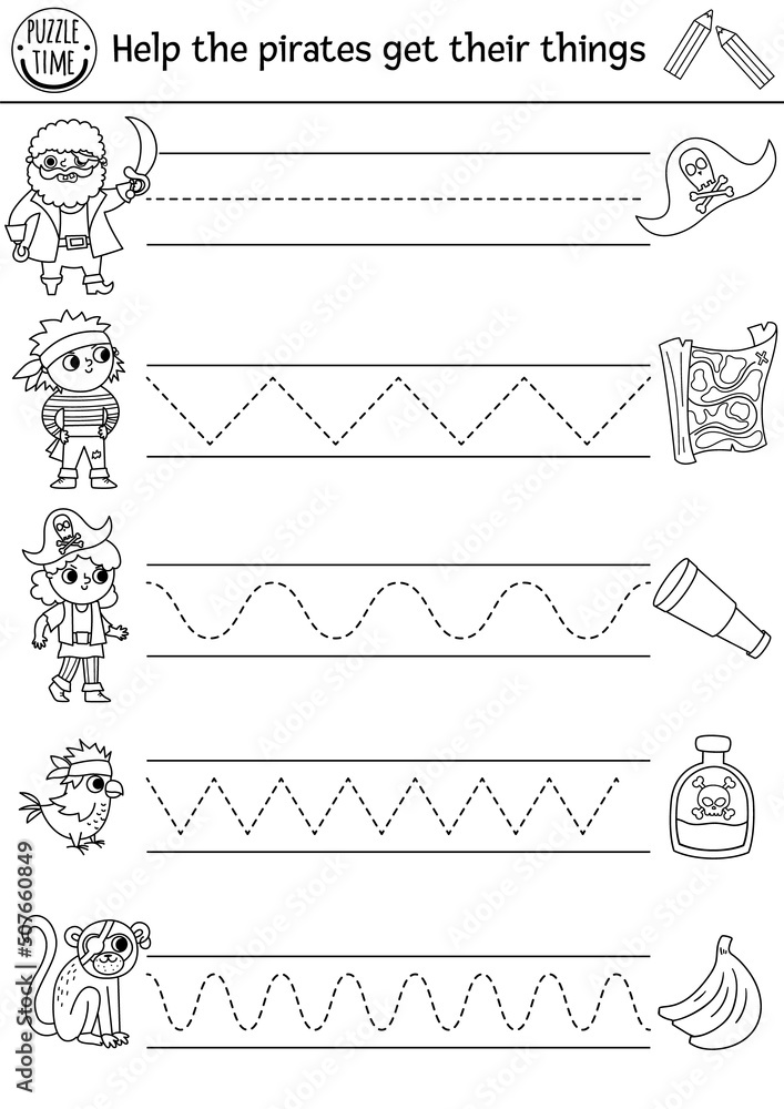 Vector pirate handwriting practice worksheet. Treasure island printable ...