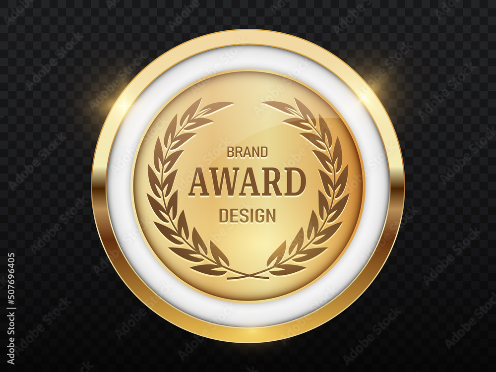 Luxury golden badges. Bright medal for best employee. Prize mile trophy ...