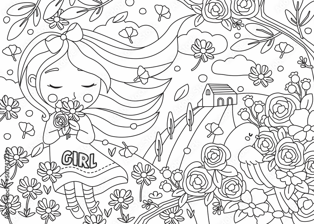 hand drawn illustration coloring page for kids. girl with flower ...