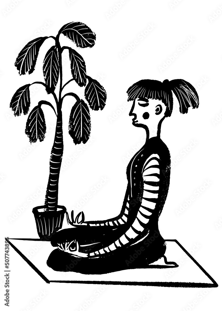 drawing picture of a girl on a yoga mat doing meditation under a tree ...