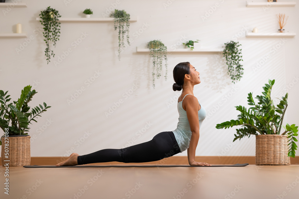 Wellness Attractive Asian woman practice yoga Cobra pose at home to ...