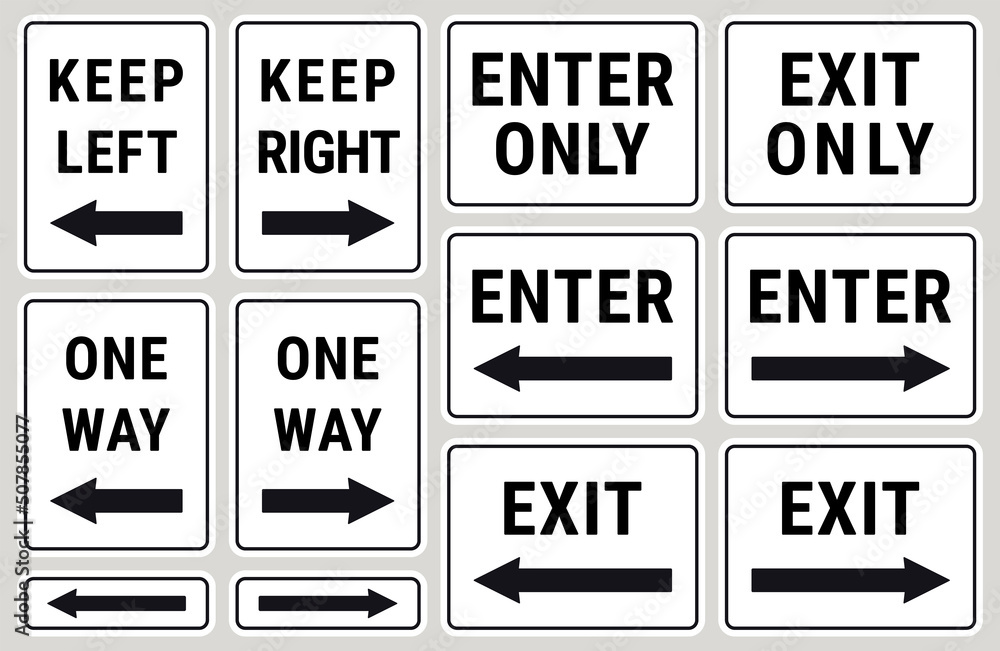 Right and Left Direction Signs Set. One Way, Enter, Exit, Keep Right ...