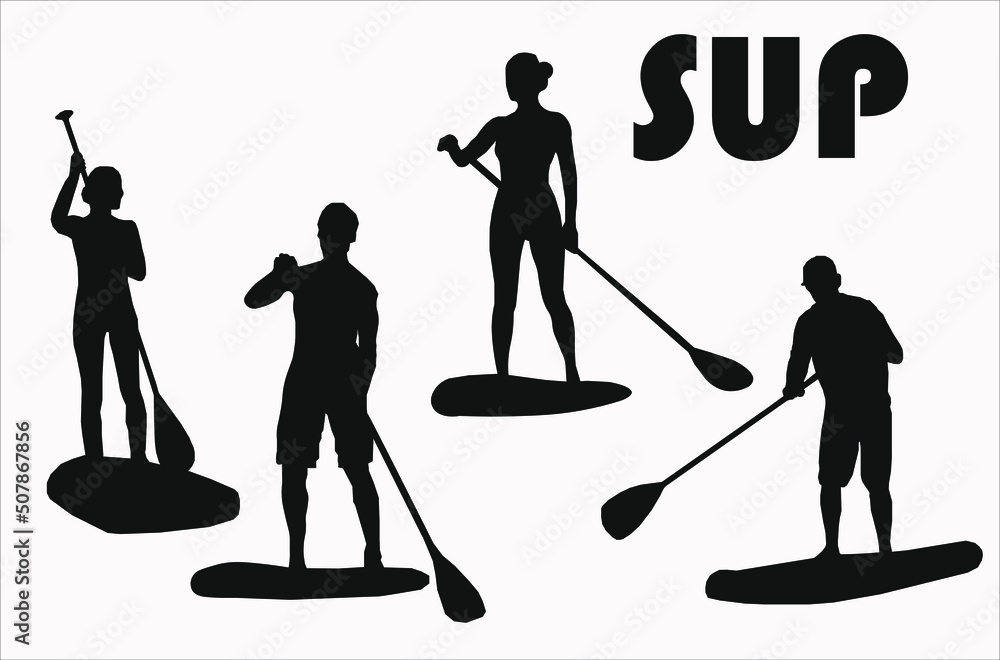 SUP boarding design elements. Set of vector emblems with SUP boards ...